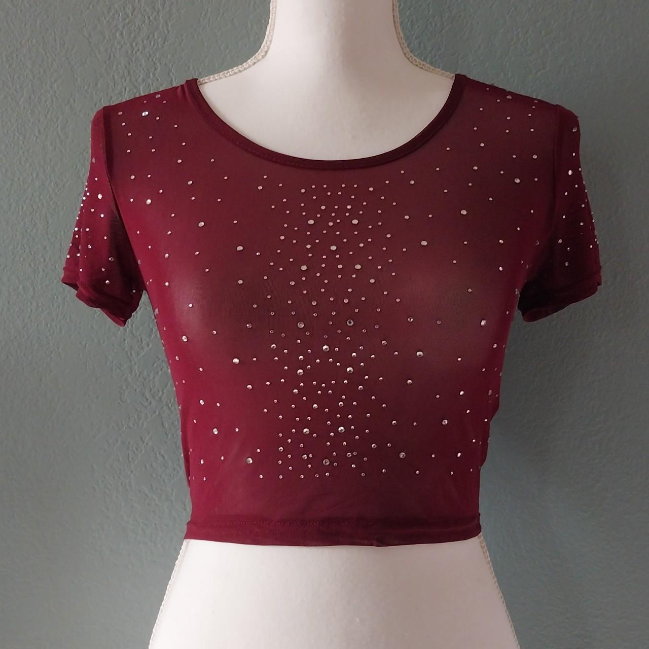 Bedazzled burgundy sheer crop top. Purchased back in... - Depop