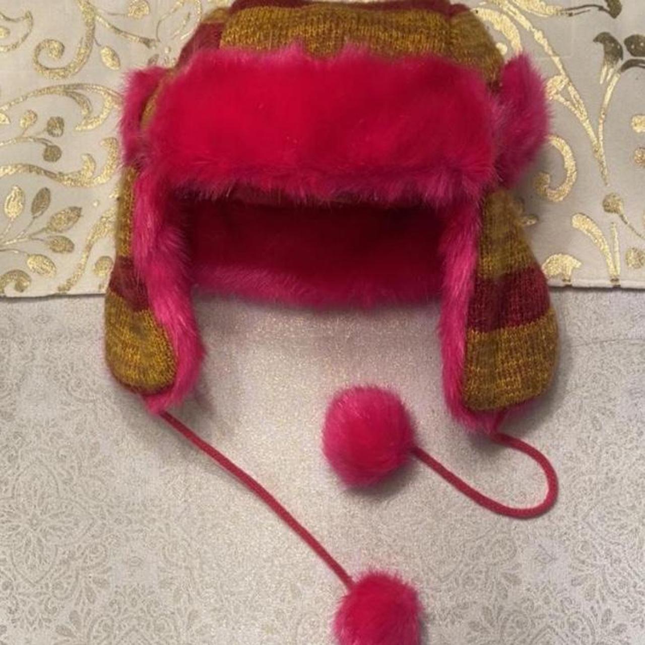 Hot pink puffy puffball ushanka russian hat with... - Depop