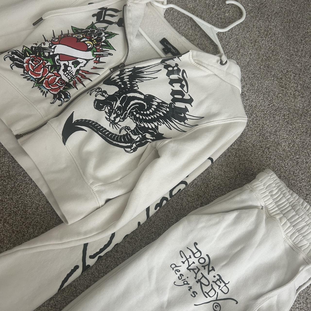 ed hardy white full set wide leg sweatpants cropped... | Depop