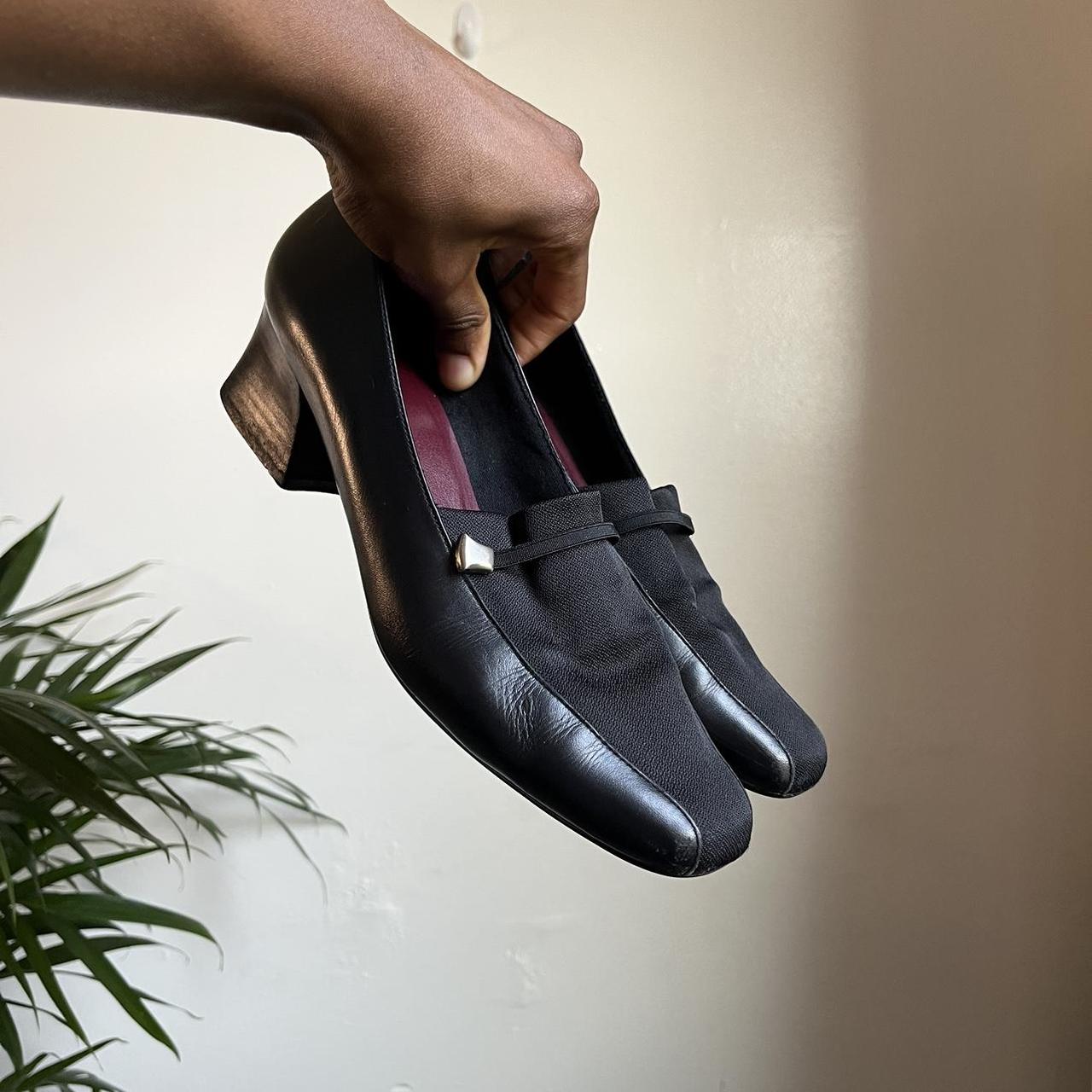 Vintage black with top string leather upper pumps... - Depop