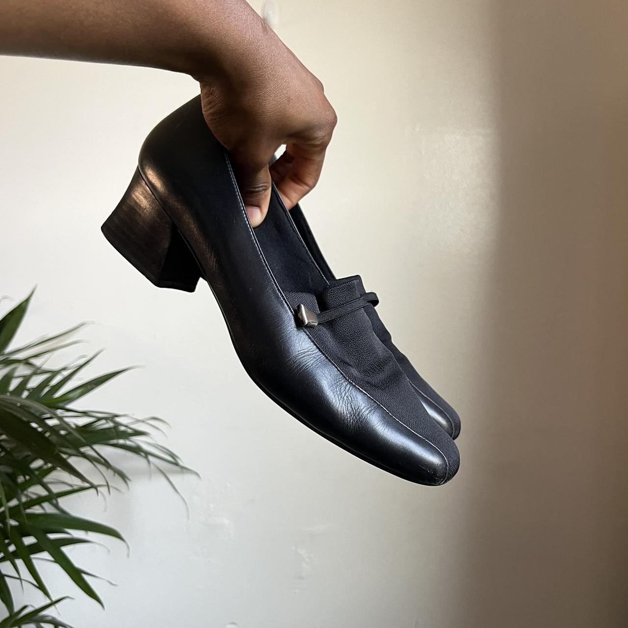 Vintage black with top string leather upper pumps... - Depop