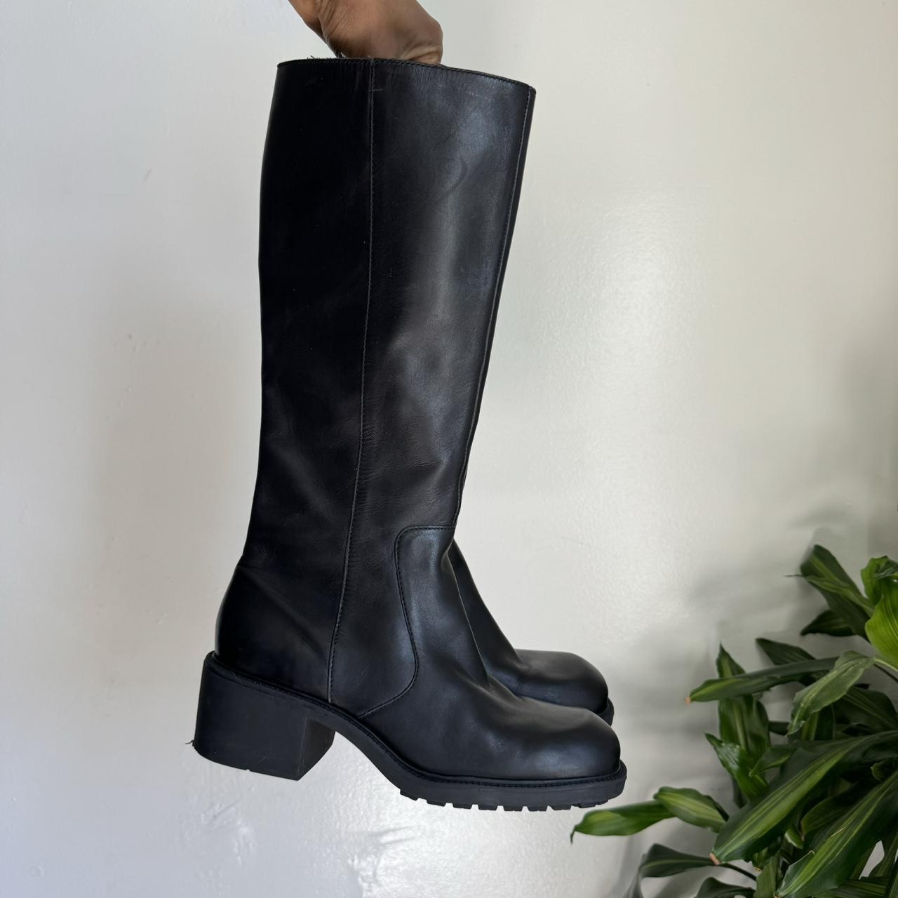 Vintage upper leather knee high square toe block... - Depop