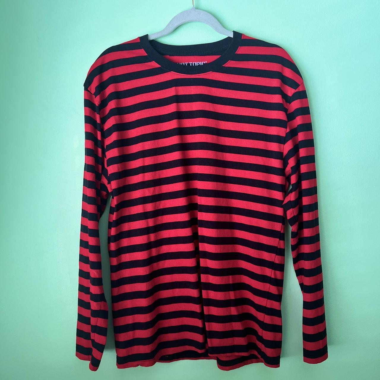 Hot Topic Red & Black Striped Long Sleeve // Worn... - Depop