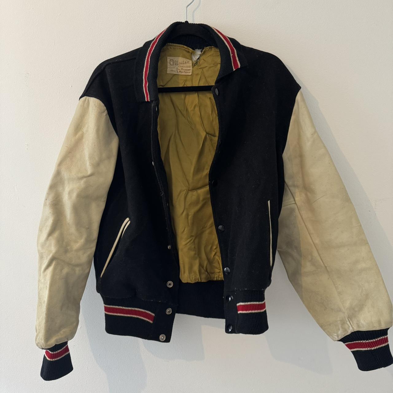 VINTAGE 70’s varsity jacket Leather sleeves Hole... - Depop