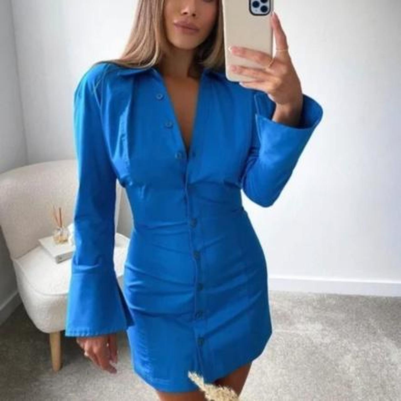 Zara blue button up dress Cinches in waist Size... - Depop