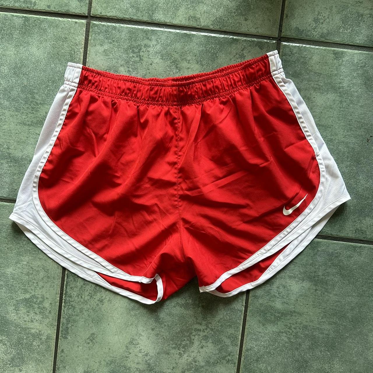 Nike Red & White Sporty Athletic Dri-Fit Shorts... - Depop