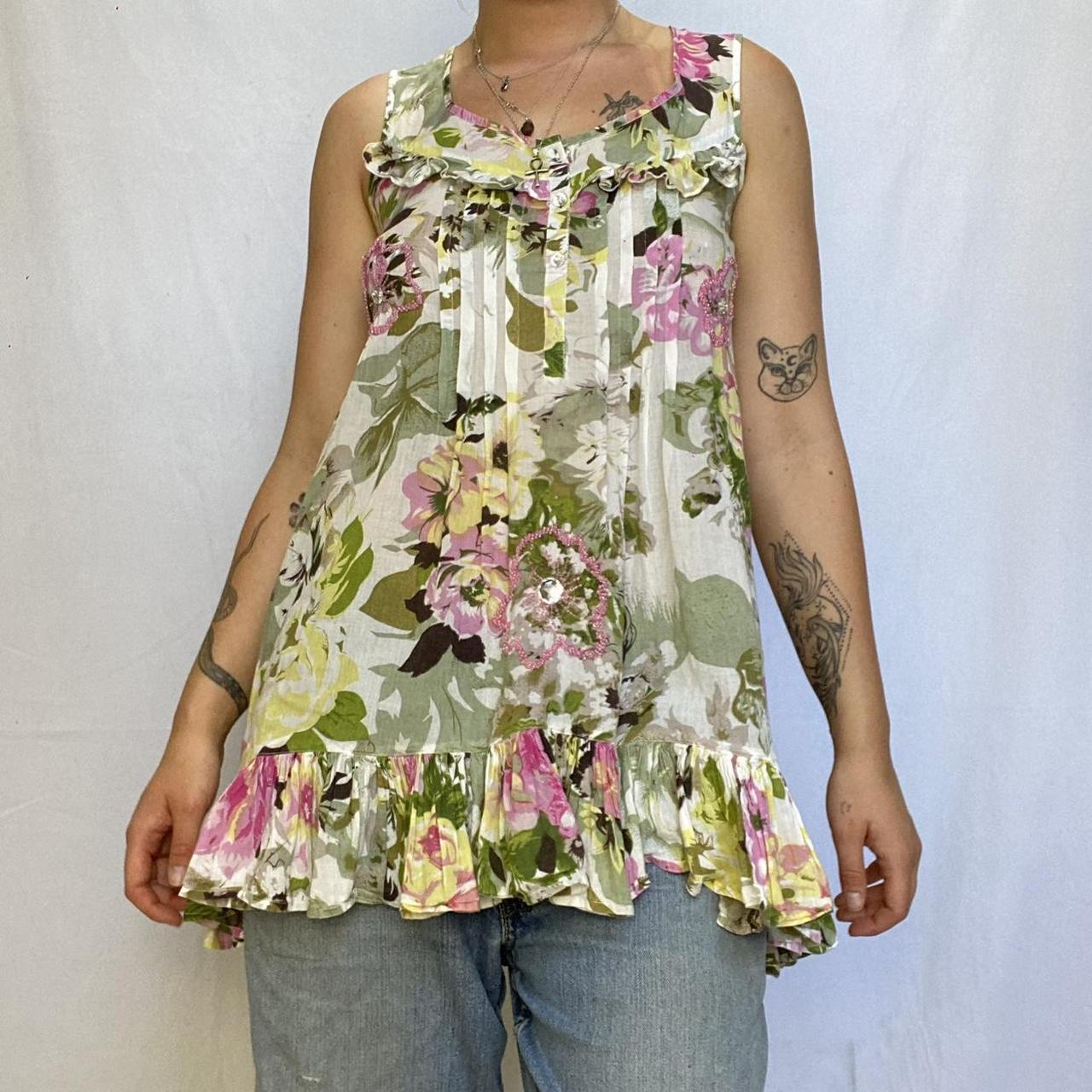 early 2000s floral button up beaded flowy tunic... | Depop