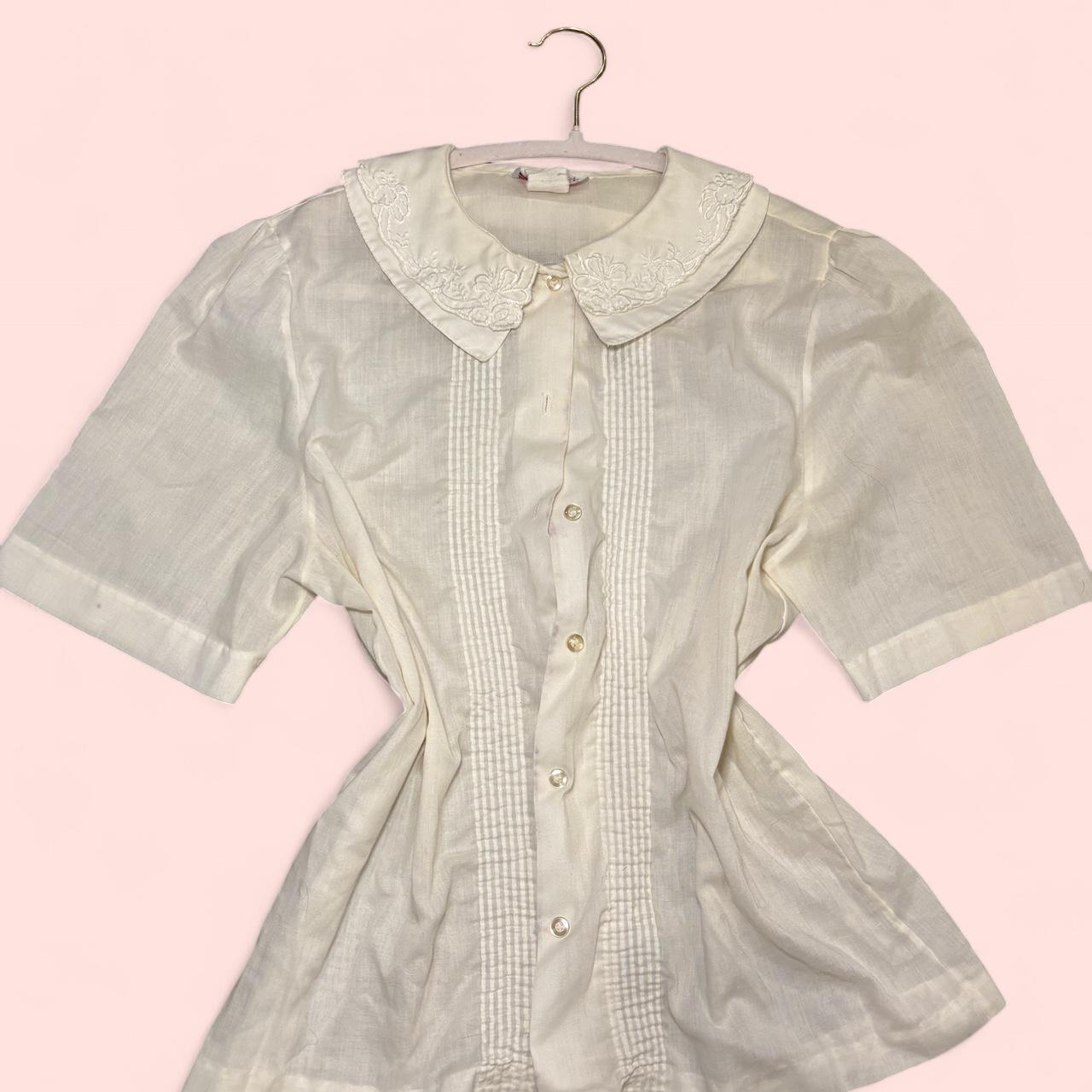Rhoda Lee cream & white collared blouse with pearl... | Depop
