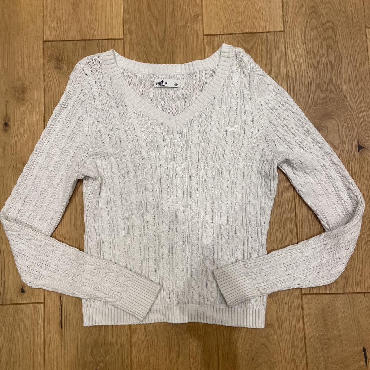 white v neck knit sweater hollister size L (would... - Depop