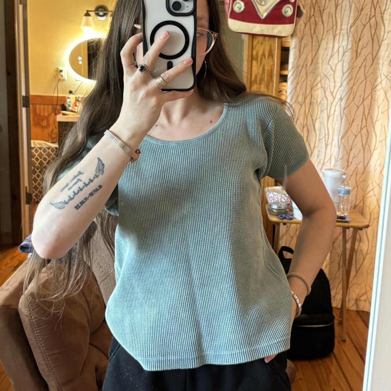 Waffle-Knitted blue Liz & Jane top lightly worn fits... - Depop