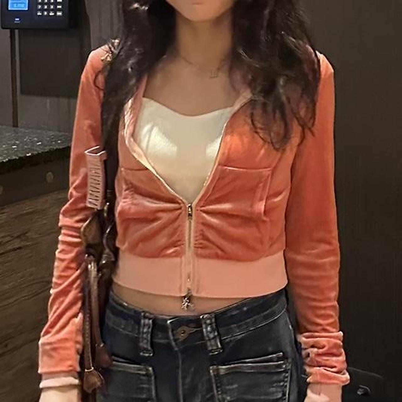 cutie pink velour jacket worn only once, love it i... - Depop