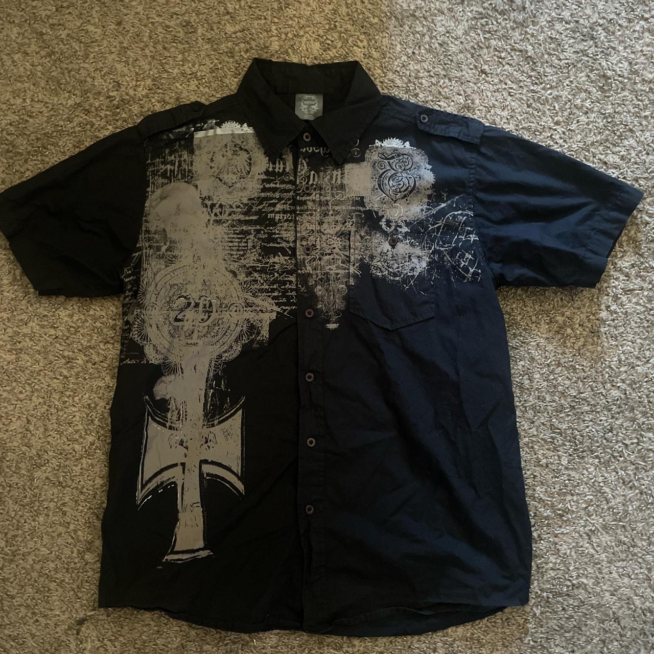 Modern culture affliction type button Up shirt,... - Depop