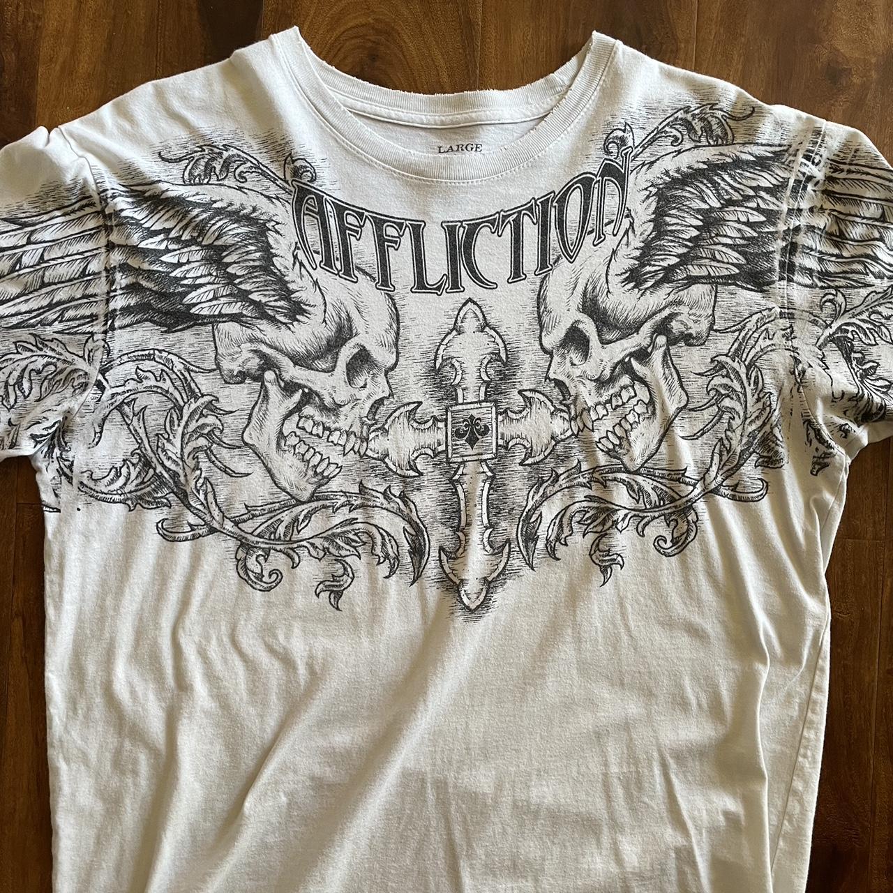 Affliction skull wings cross white shirt large Good... - Depop
