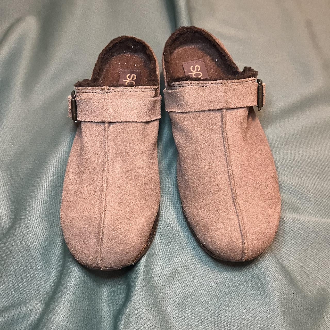 Sporto tan suede clogs with buckle