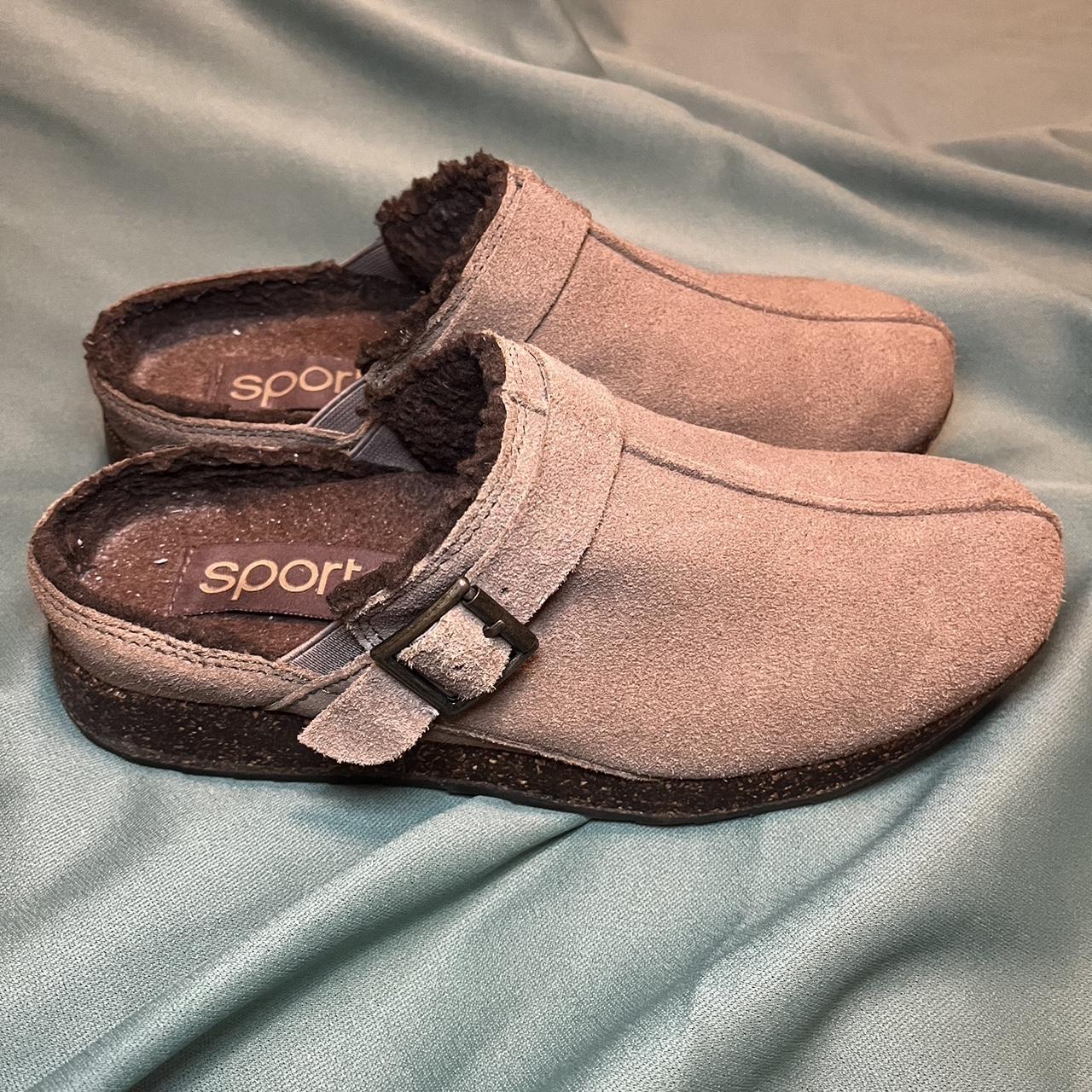 Sporto tan suede clogs with buckle