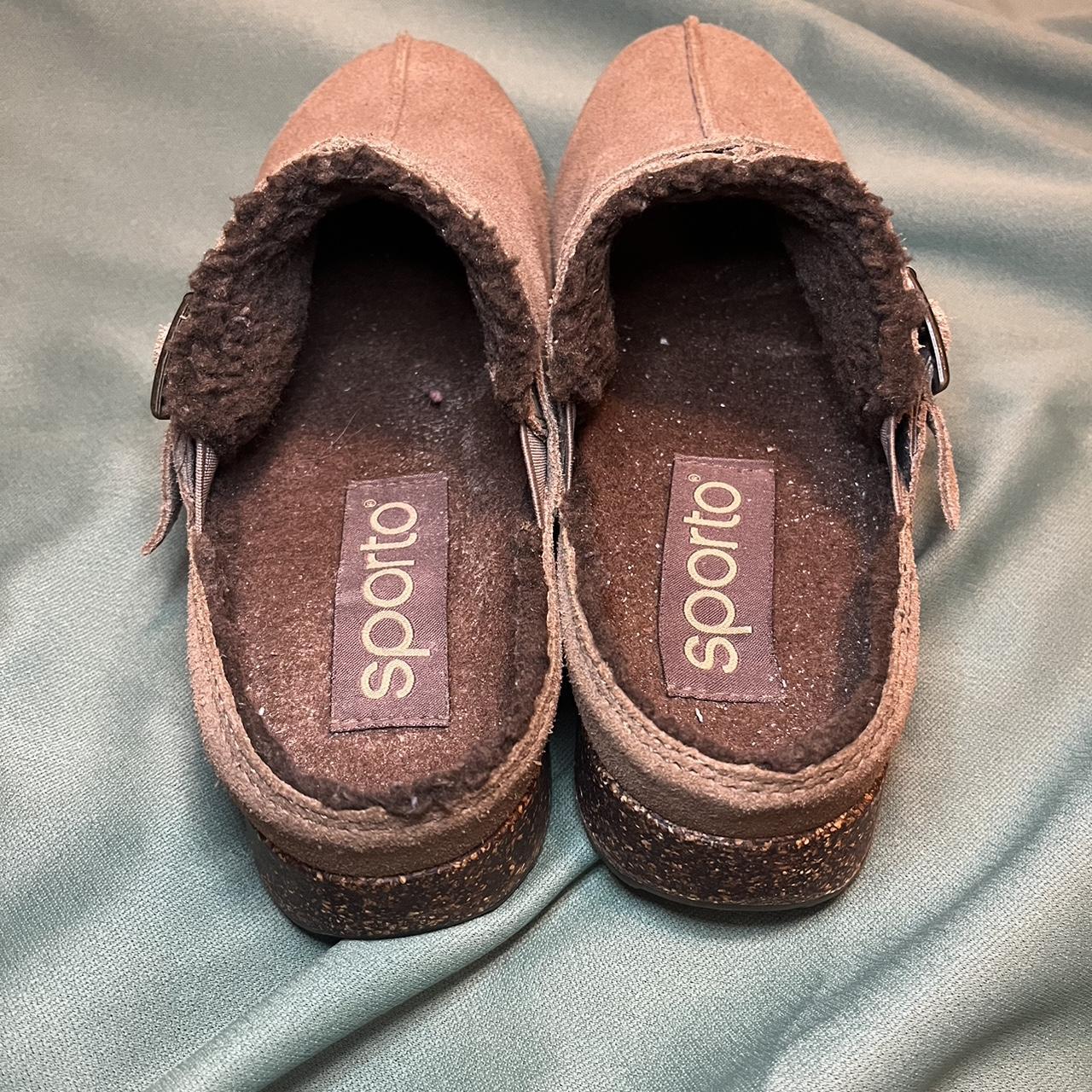 Sporto tan suede clogs with buckle