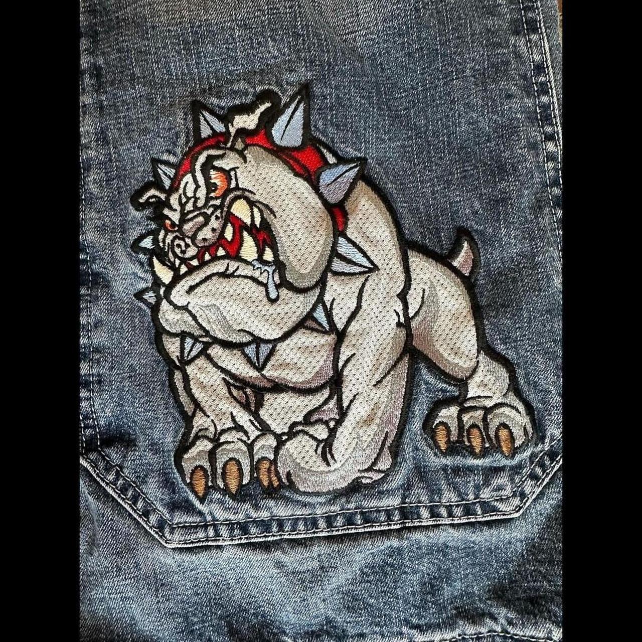 90s jnco Jean shorts, Bulldog Patch size 32 men's. - Depop