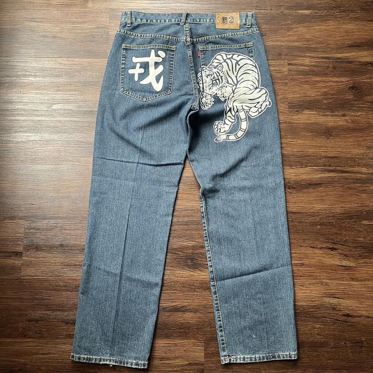 baggy y2k evisu jeans with insane backpocket tiger... - Depop