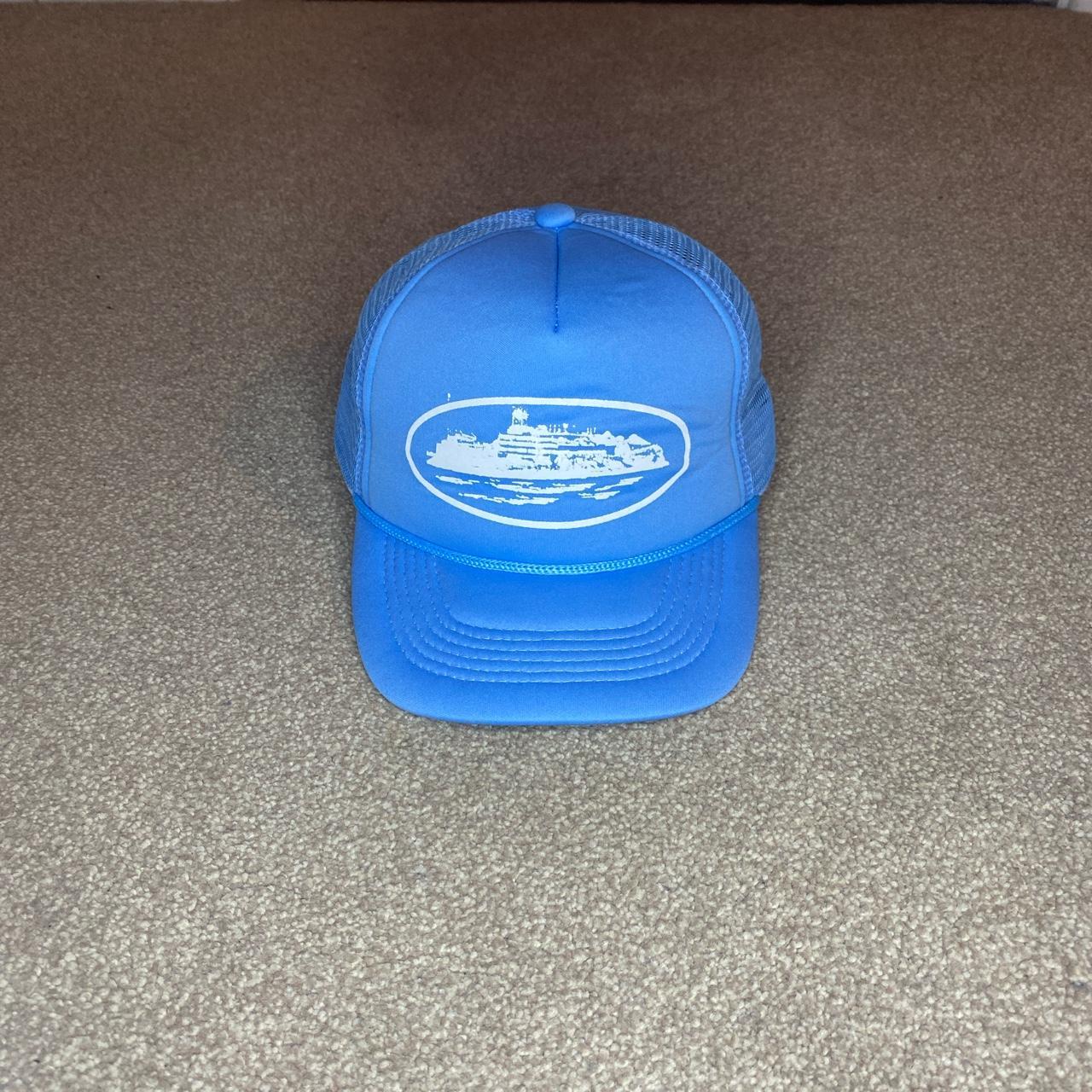 Corteiz Men's Blue and White Hat | Depop