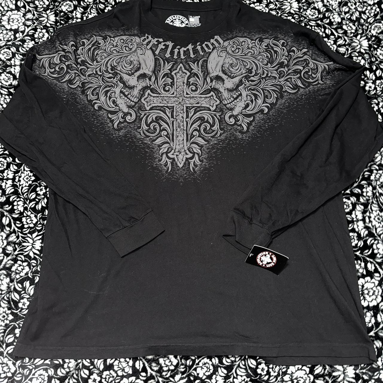 Affliction long sleeve shirt with skulls and crosses... - Depop