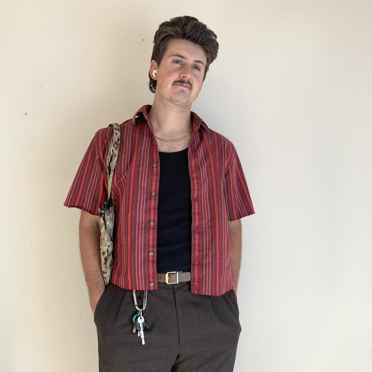 90s vintage maroon pinstripe raw hem cropped button... - Depop