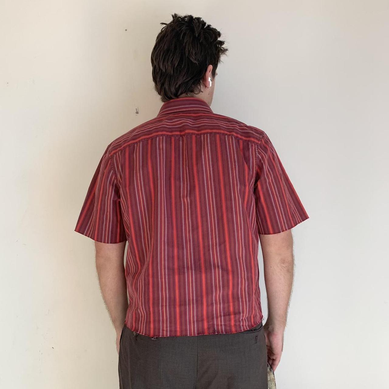 90s vintage maroon pinstripe raw hem cropped button... - Depop