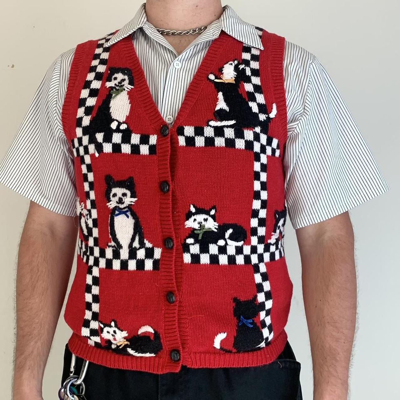 Vintage red checkered cat knit sweater vest Ah ok... - Depop