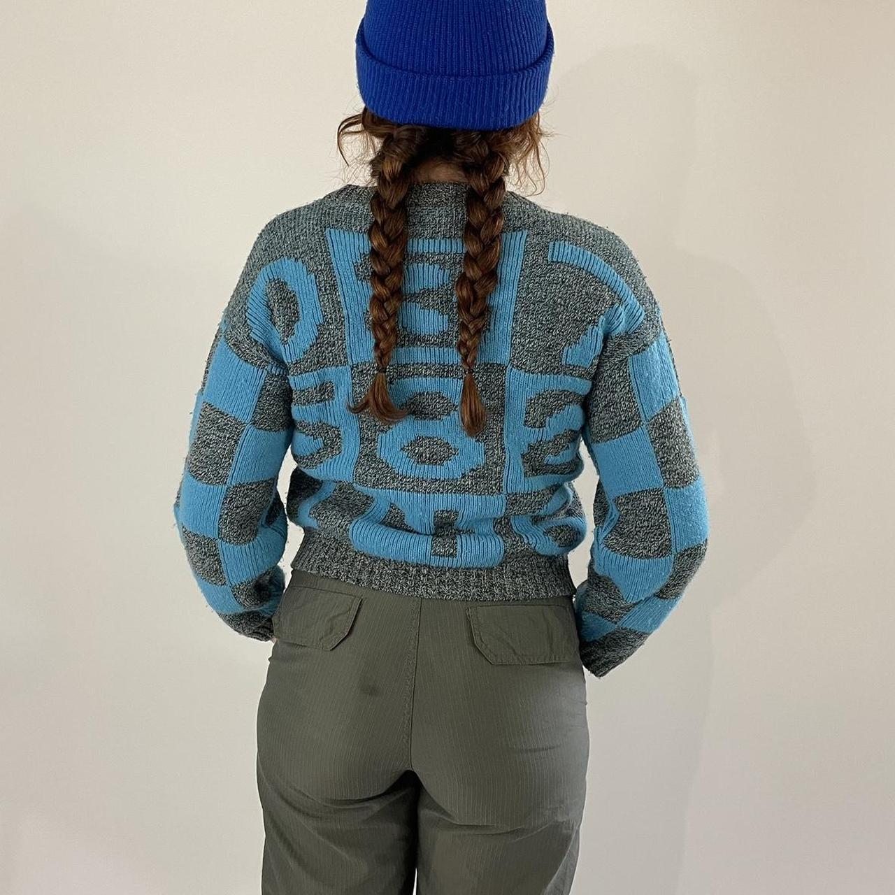vintage checkered number sweater funky gray & blue... - Depop