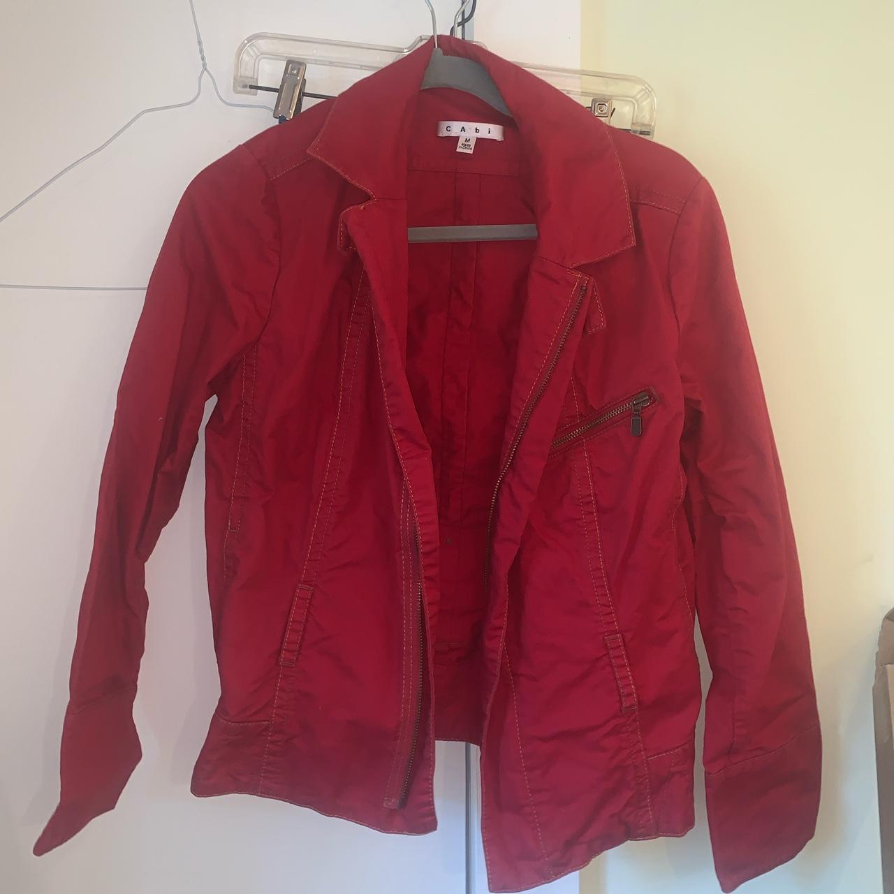 Red canvas jacket with white stitching and cute... - Depop