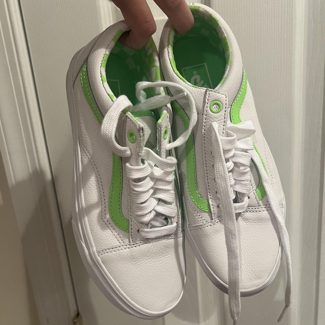 Vans slime green and white Old Skool vans Size:... - Depop