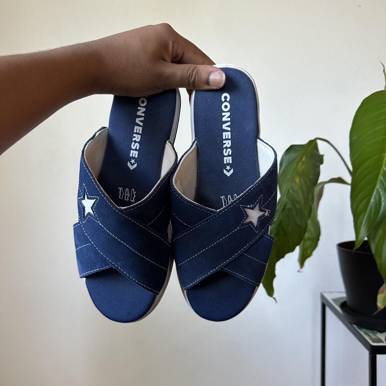 Navy Blue and White Converse platform slides /... - Depop