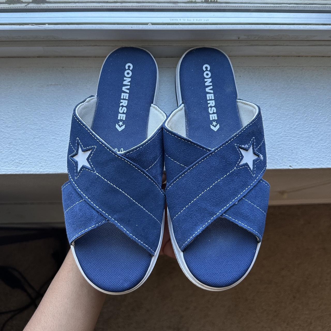 Navy Blue and White Converse platform slides /... - Depop