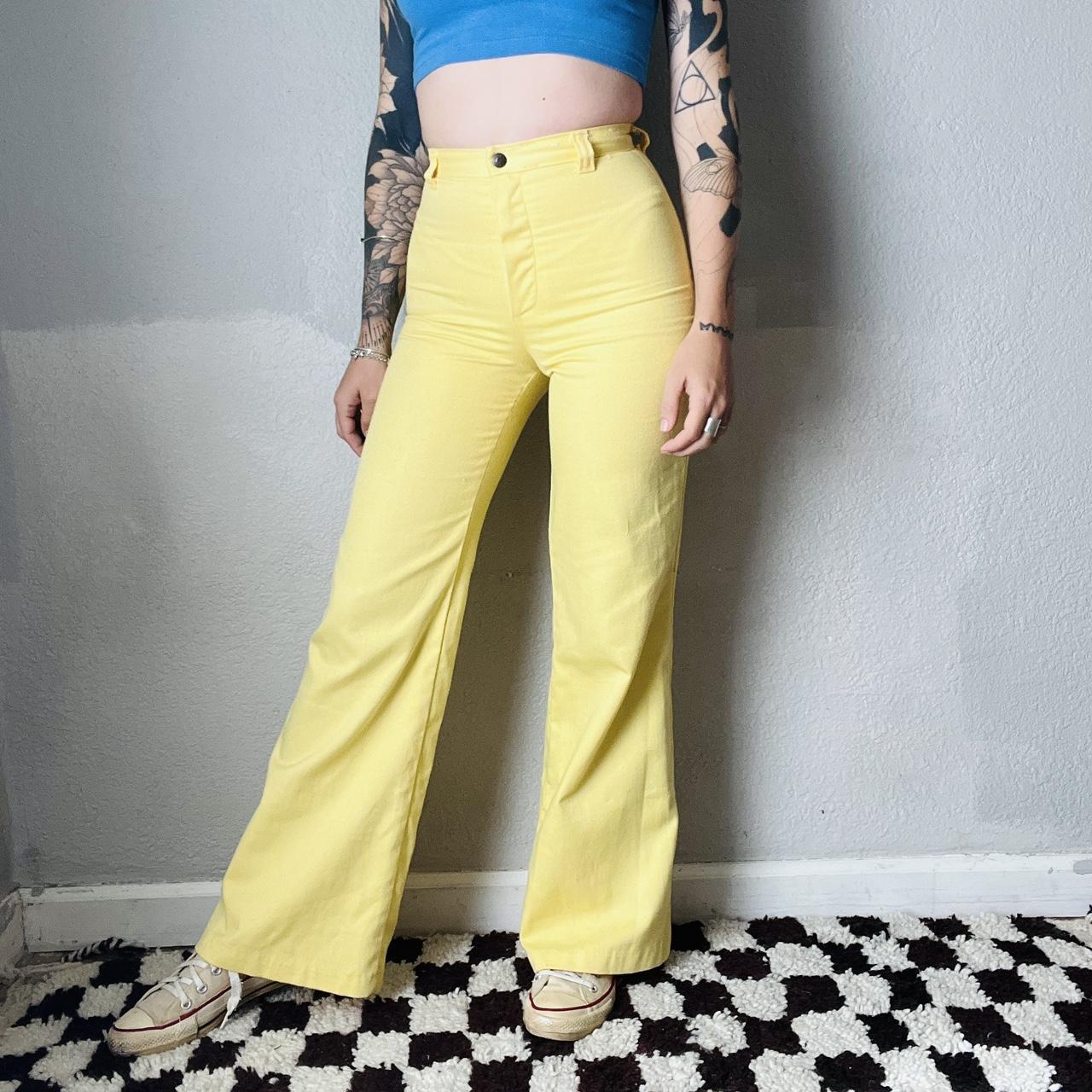 Vintage pants. 60s/70s pale yellow bell bottom... - Depop