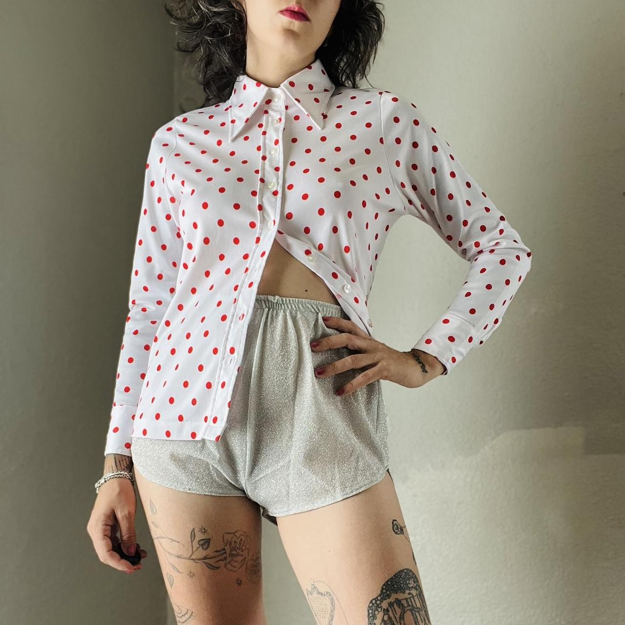 70s red and white polka dot dagger collar button up... - Depop