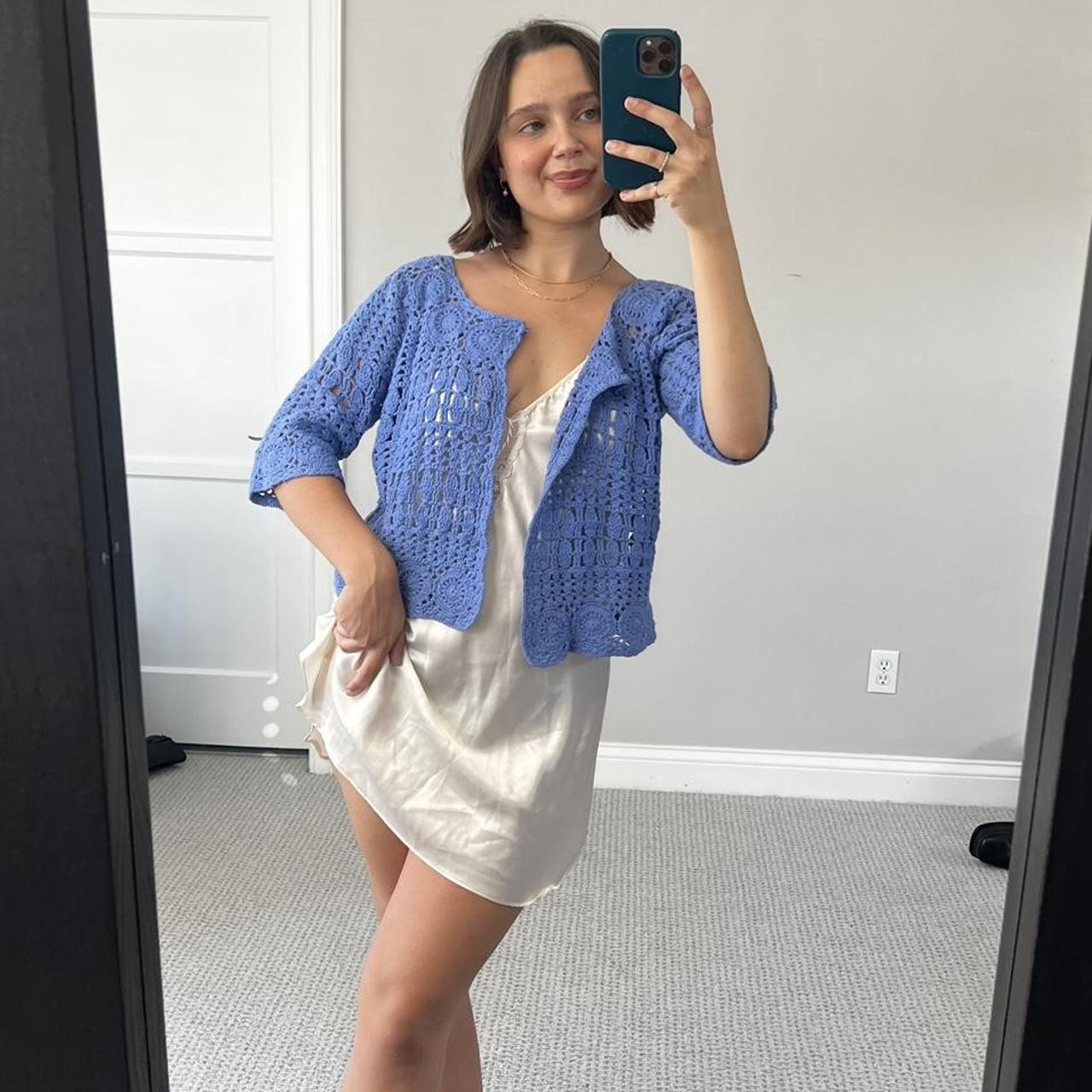 Periwinkle crochet short sleeve cardigan... - Depop