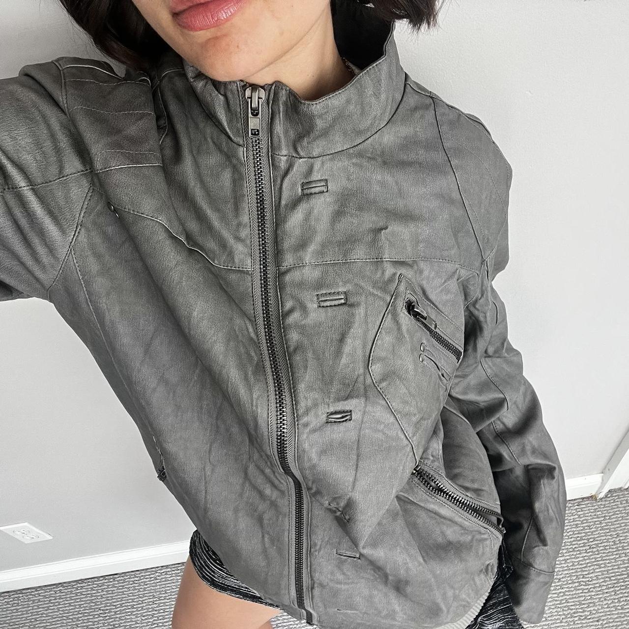 Gray leather moto biker jacket... - Depop