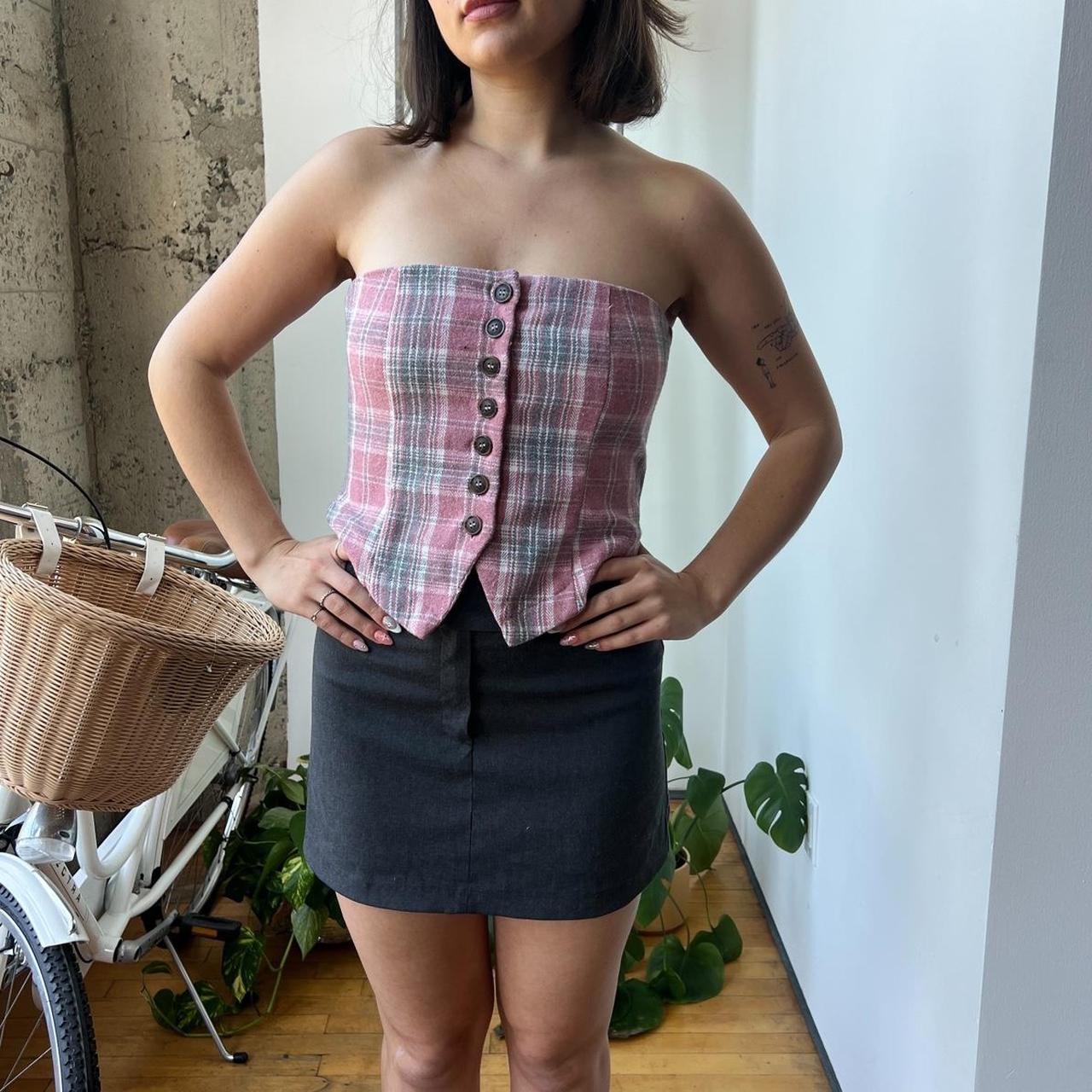 Pink grey and white preppy plaid strapless... - Depop
