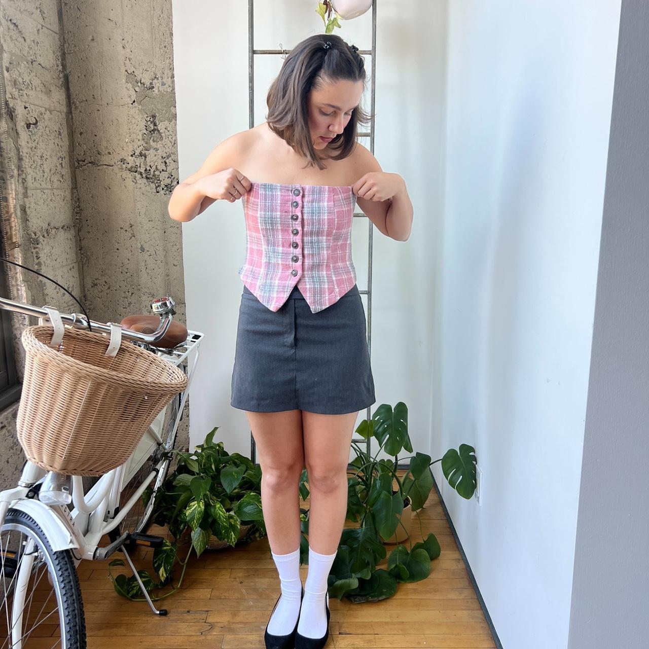 Pink grey and white preppy plaid strapless... - Depop