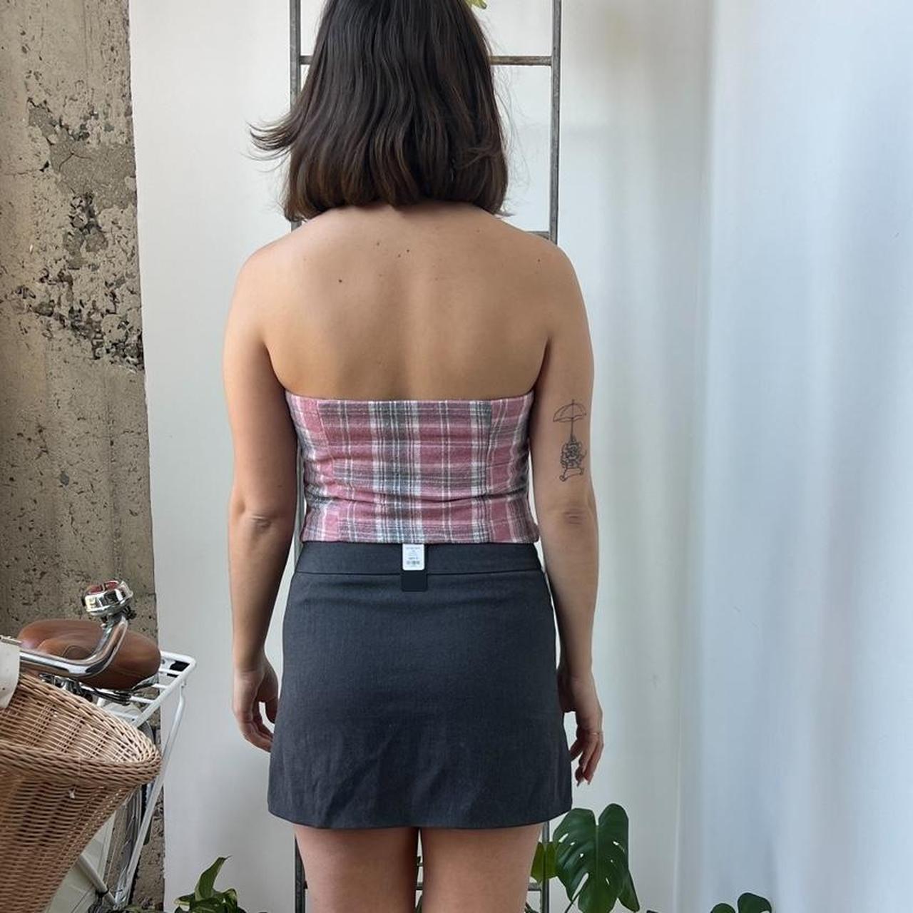 Pink grey and white preppy plaid strapless... - Depop