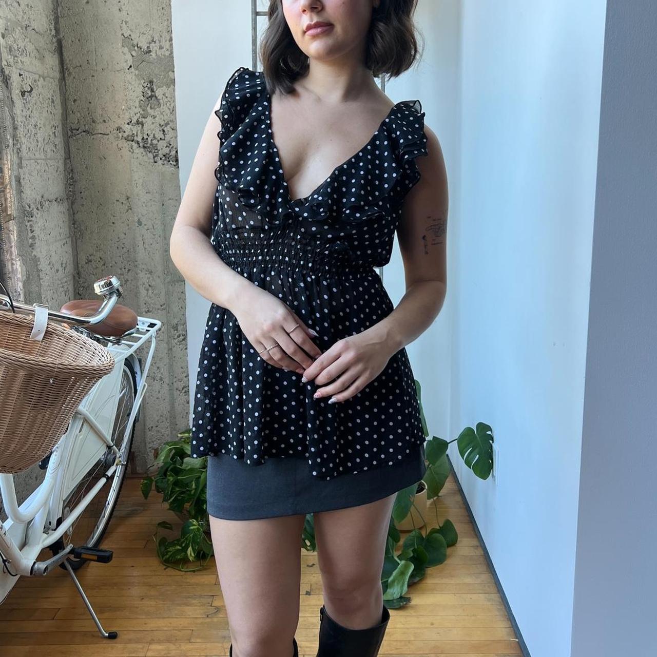 Dainty sheer retro polka dot ruffle blouse No tag... - Depop