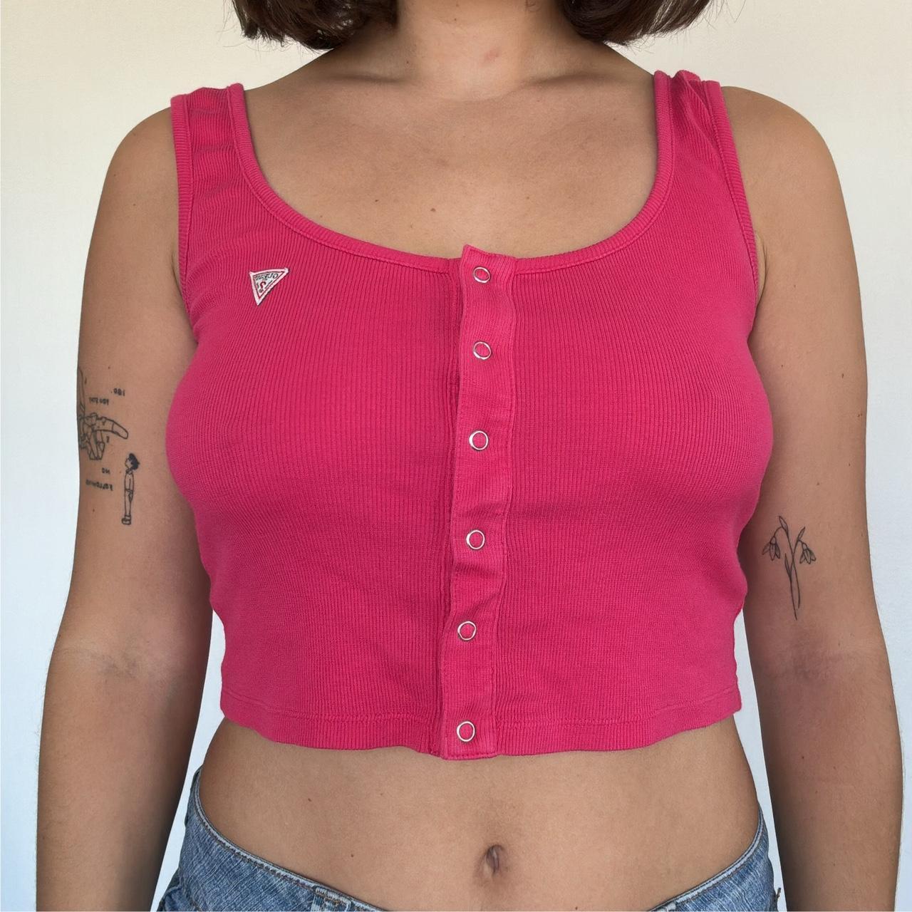 Hot pink guess 2000s button up tank top #guess... - Depop