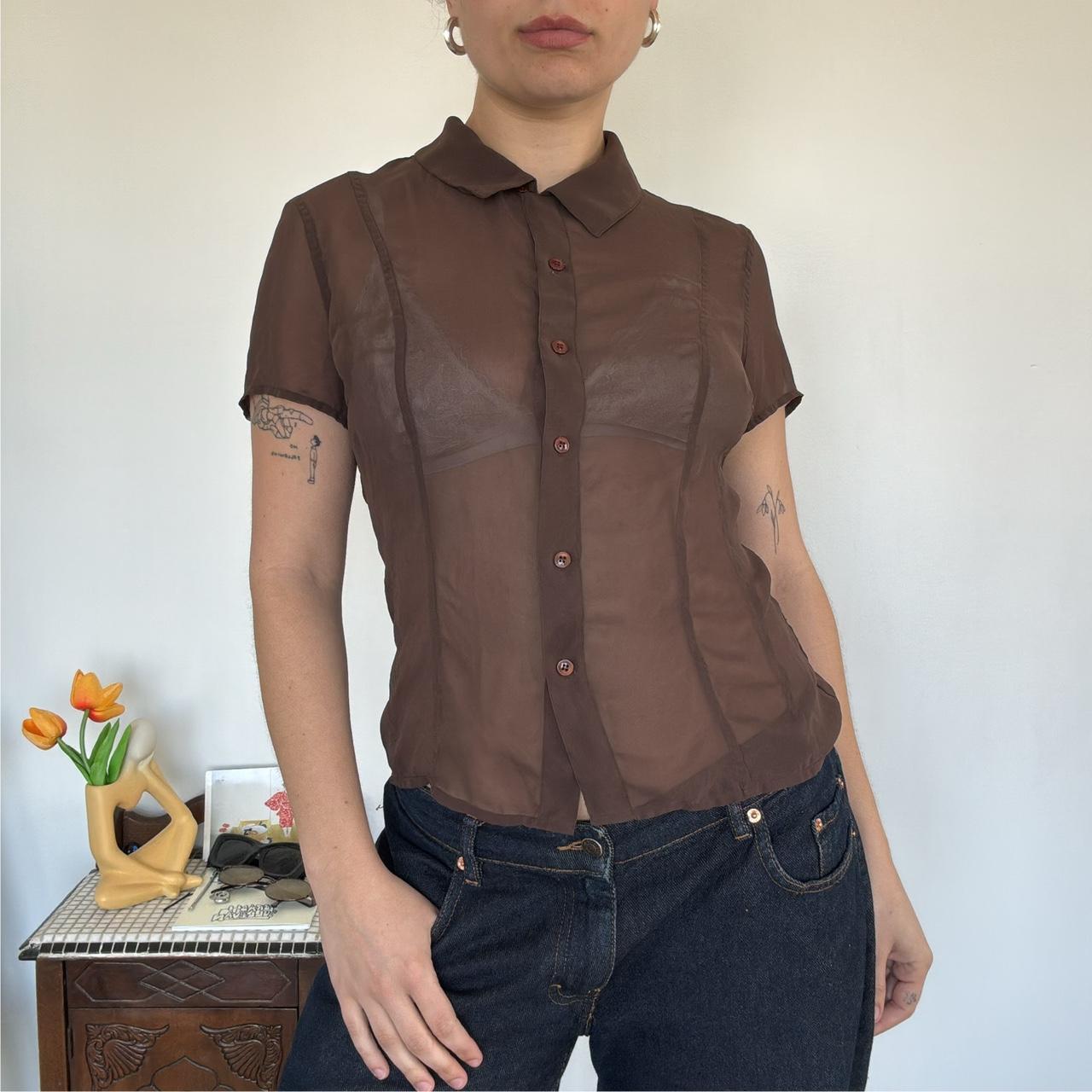 Vintage 90s brown sheer preppy office siren short... | Depop