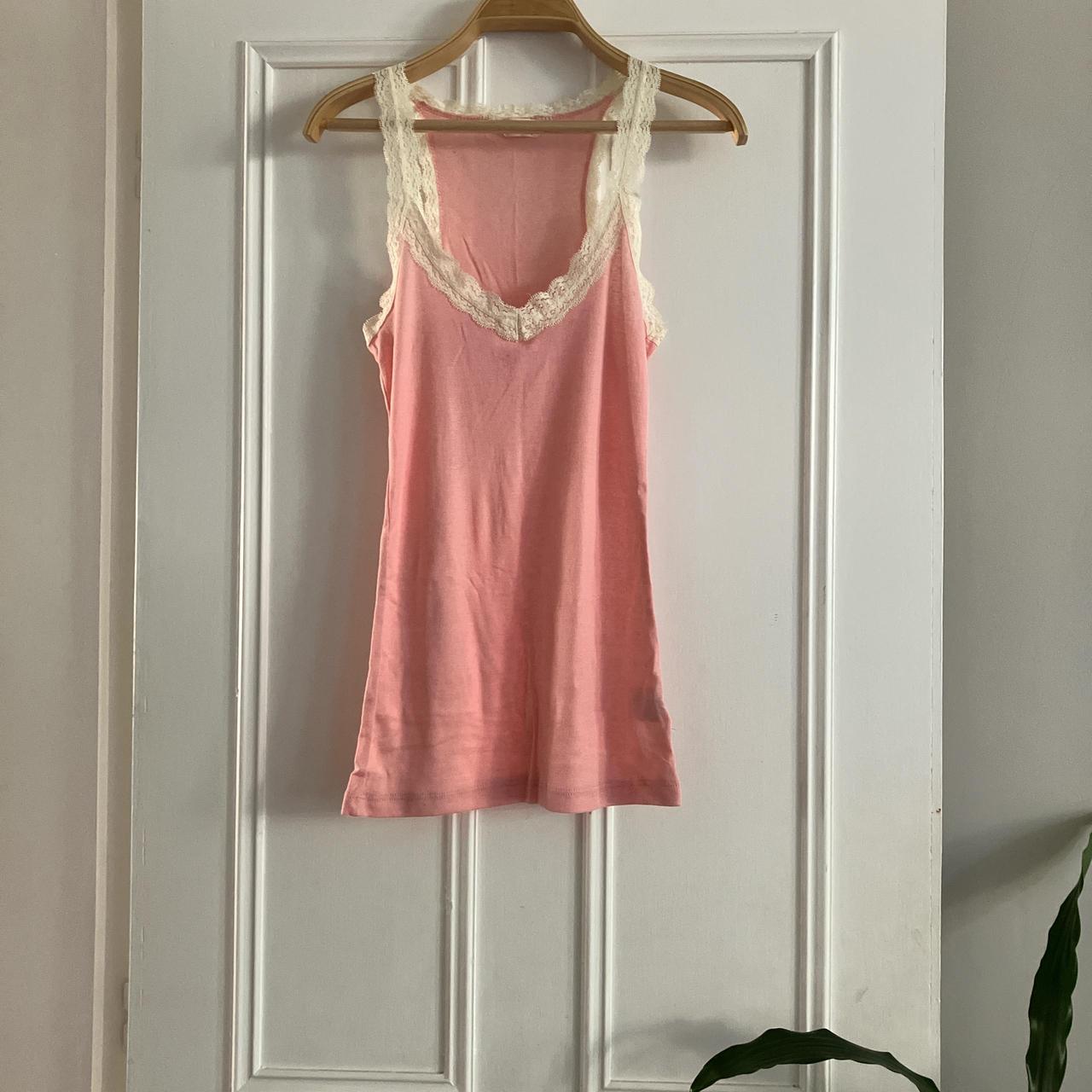 Pink razorback singlet lounge top with cream lace... - Depop