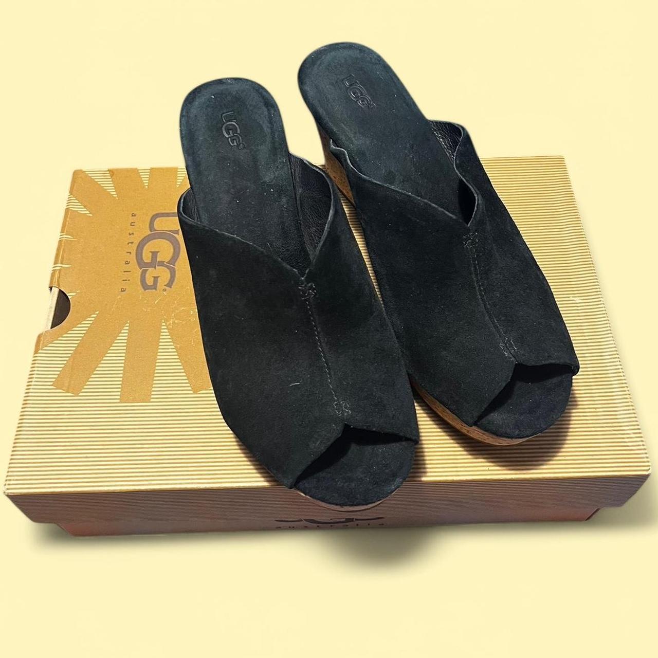 Black suede UGG slip-on wedges with a peep toe -US... | Depop