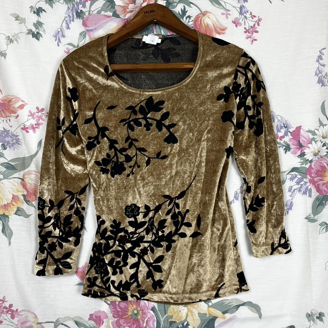 2000’s 3/4 sleeve gold velvet top. With black sheer... | Depop