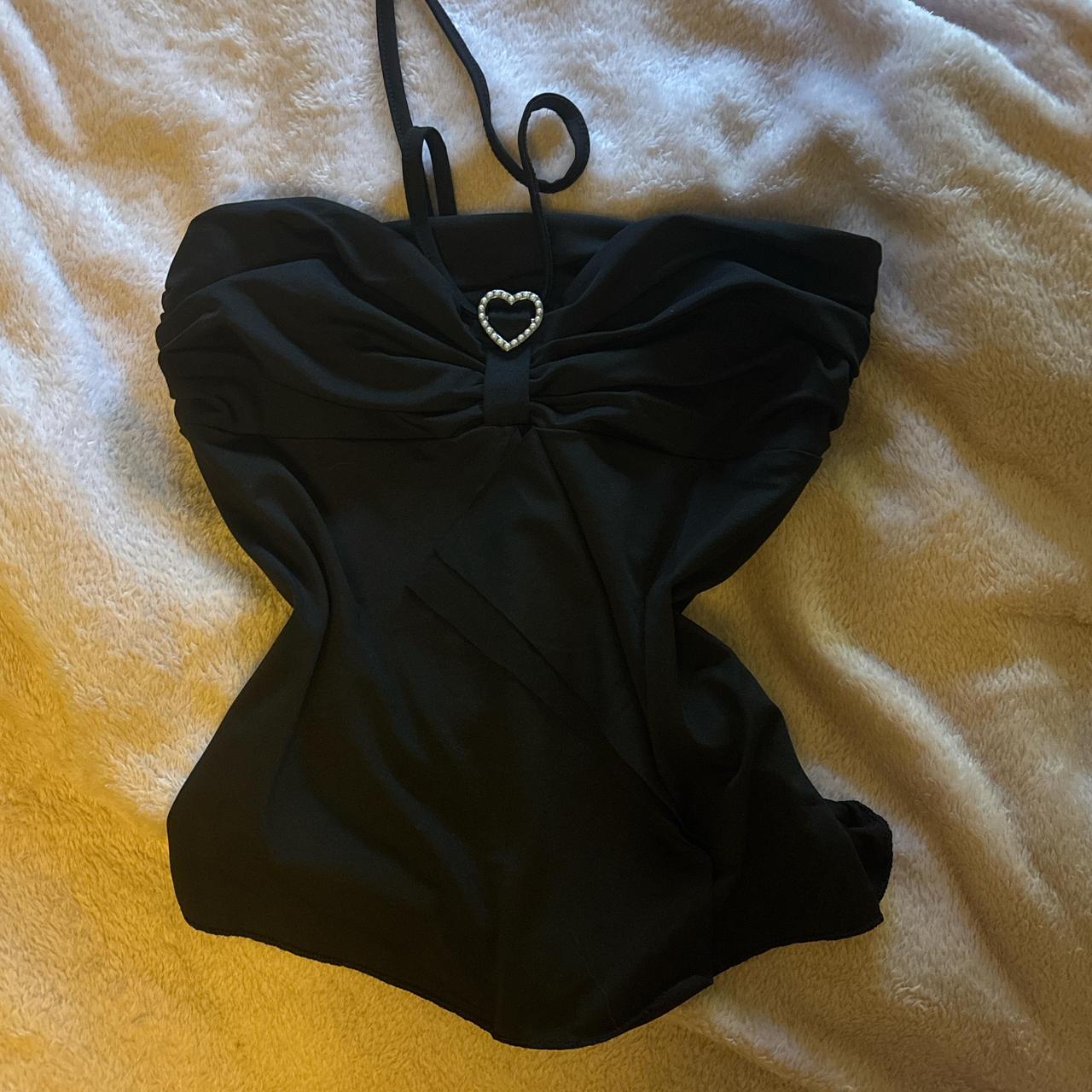 stretchy black halter top with silver beaded heart - Depop