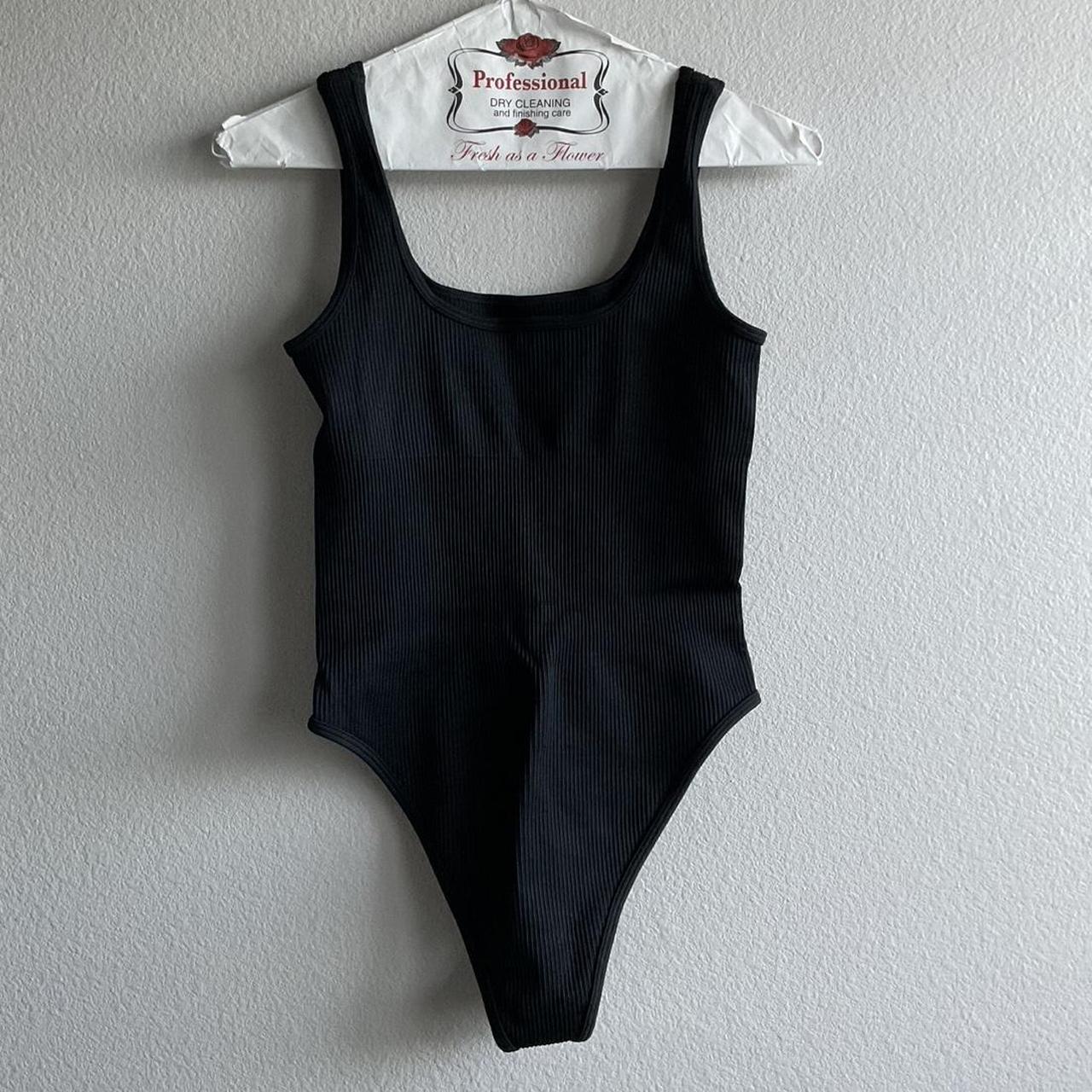 Black ribbed bodysuit with square neckline and thick... | Depop