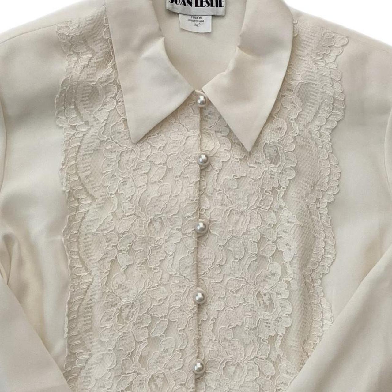 -Cream silky button up shirt with lace detailing and... - Depop