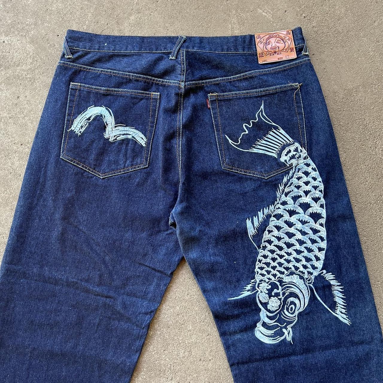 Vintage Y2K Koi Fish Embroidered Evisu Jeans (40x31) - Depop