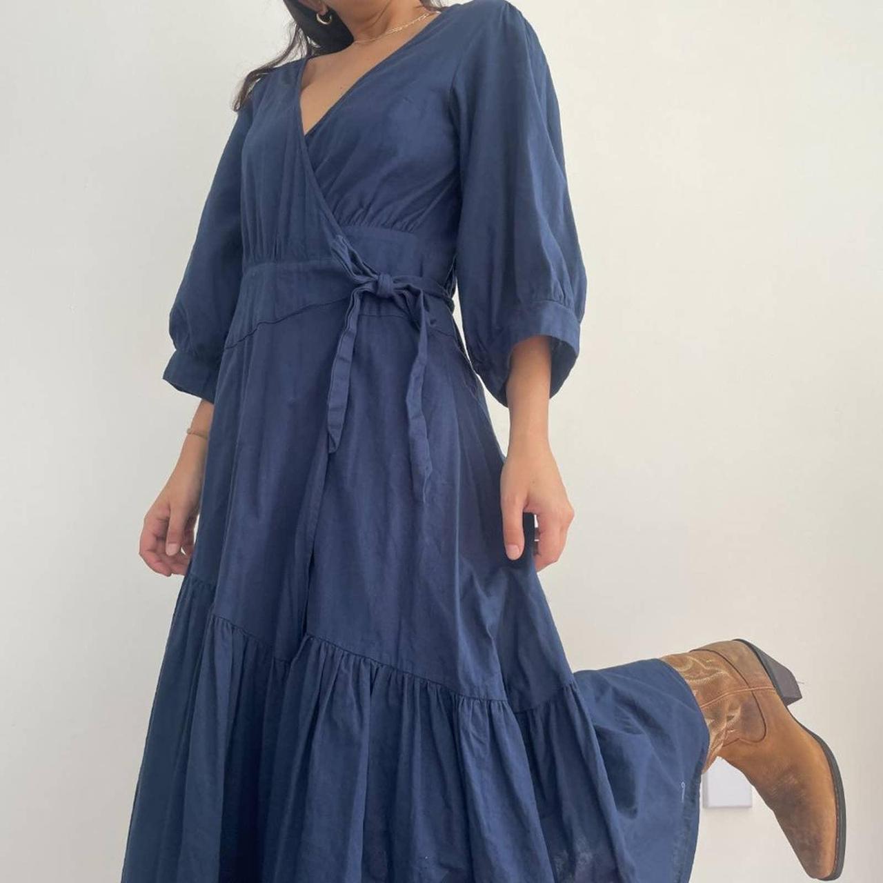 Free People Cotton Linen Wrap Midi Dress In Navy Depop